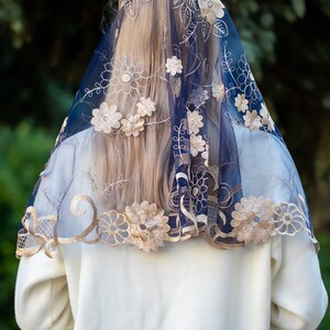 Blue Catholic Head Covering Veil, Catholic Gold Lace Mantilla, Veil for ...