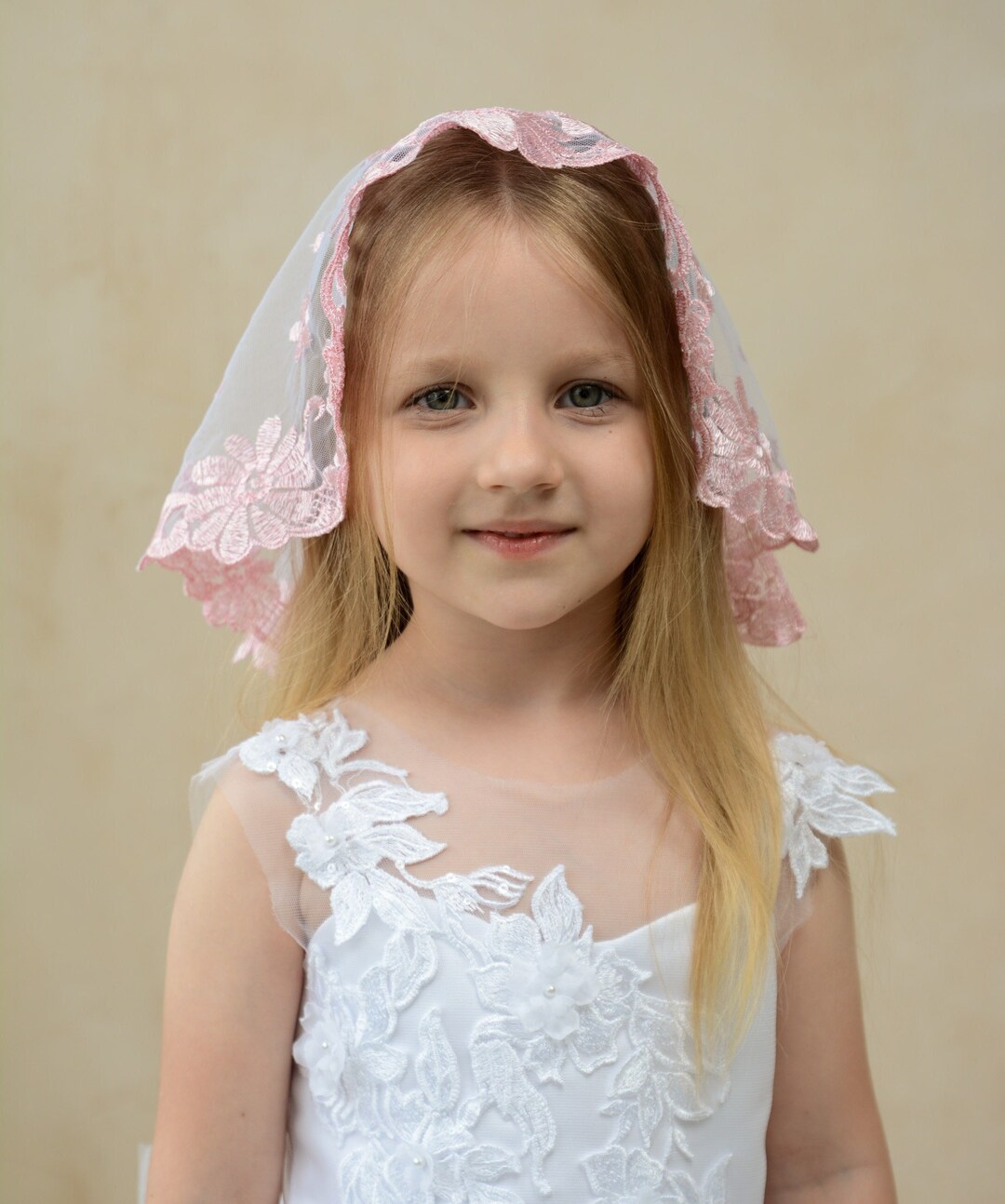 Traditional Catholic Veil, Pink Child Church Veil, Gold Short Lace Veil ...