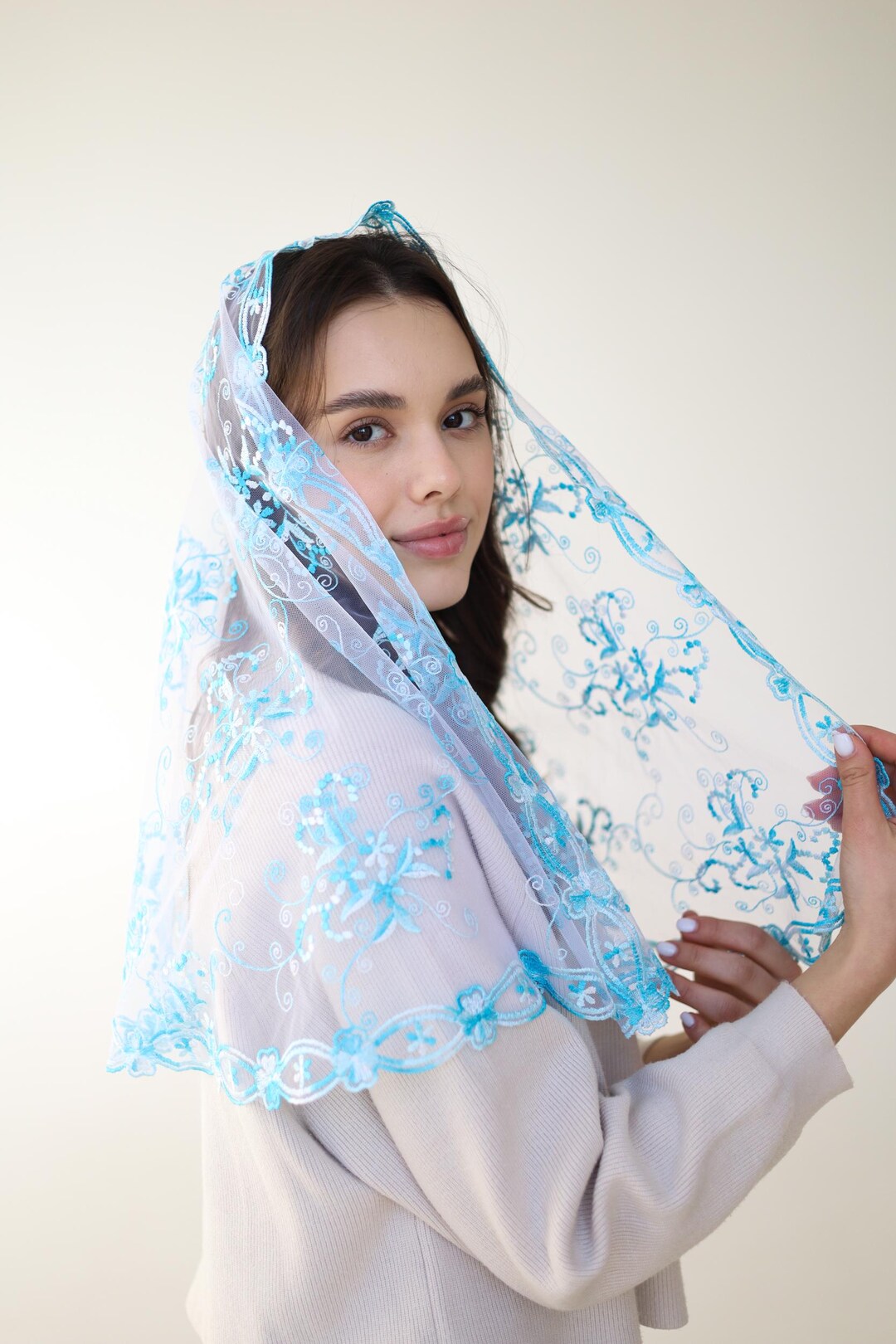 Light Blue Gradient Limited Veil, Long Mantilla, Blue Catholic Veil ...