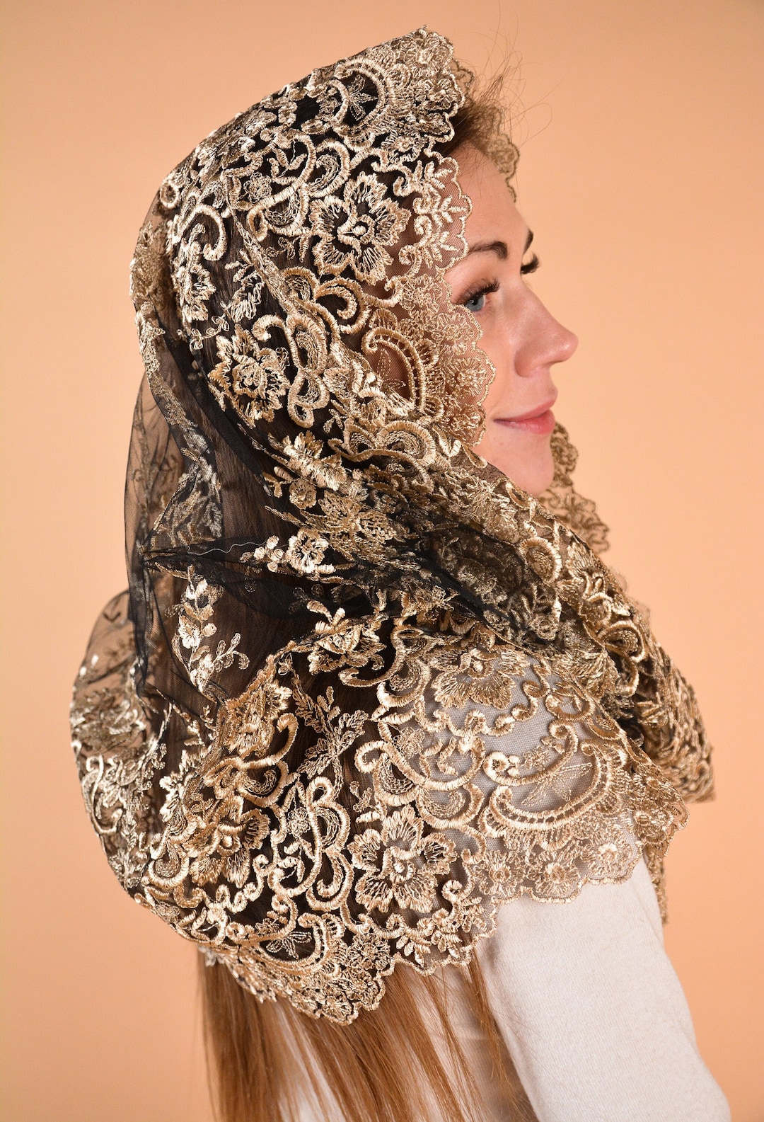 Gold Infinity Chapel Veil, Catholic Lace Mantilla for Church, Latin ...