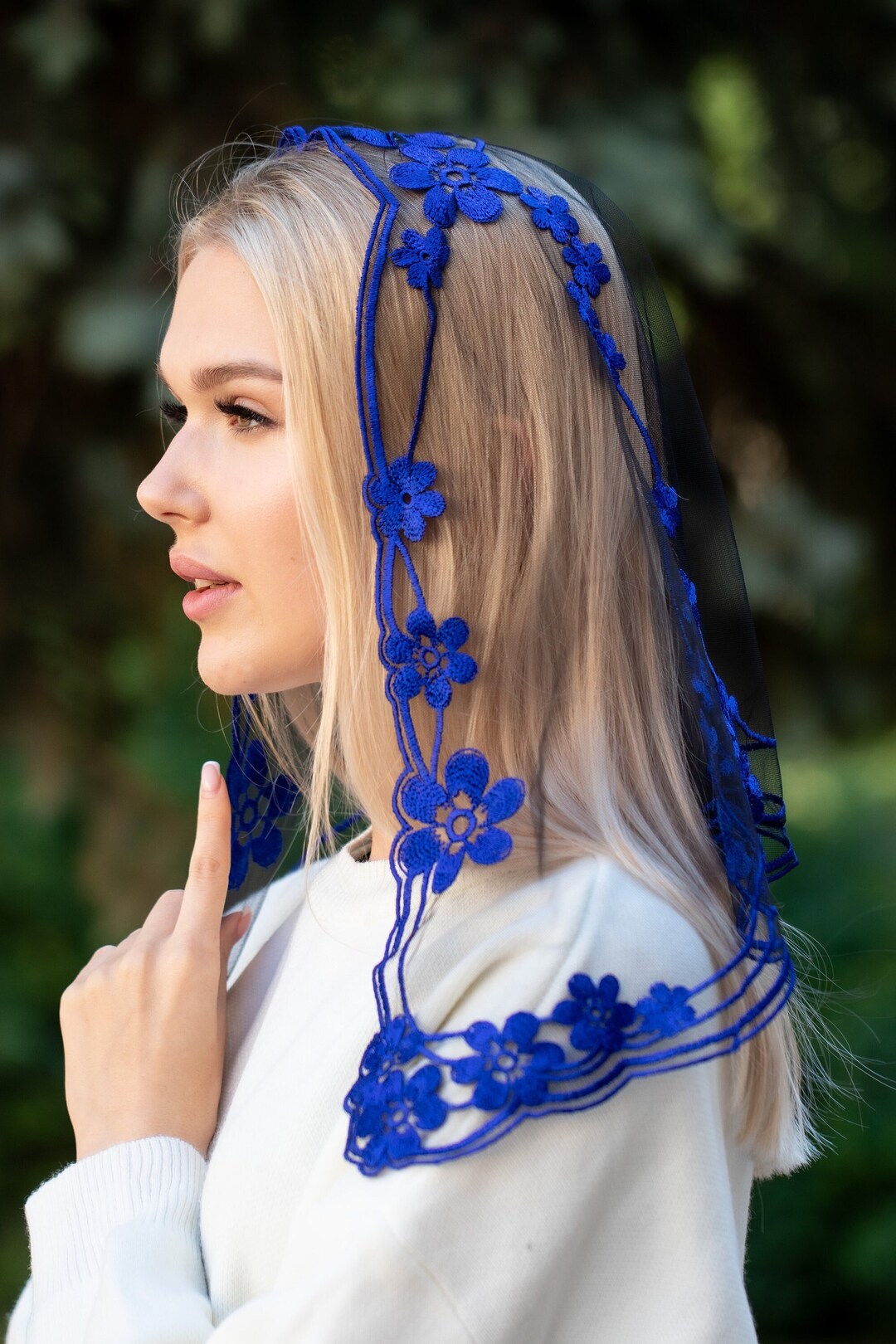 NEW!! Blue Church Veil, Catholic Lace Mantilla , Blue Chapel Veil With ...