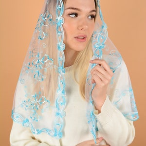 Light Blue Gradient Limited Veil, Long Mantilla, Blue Catholic Veil ...
