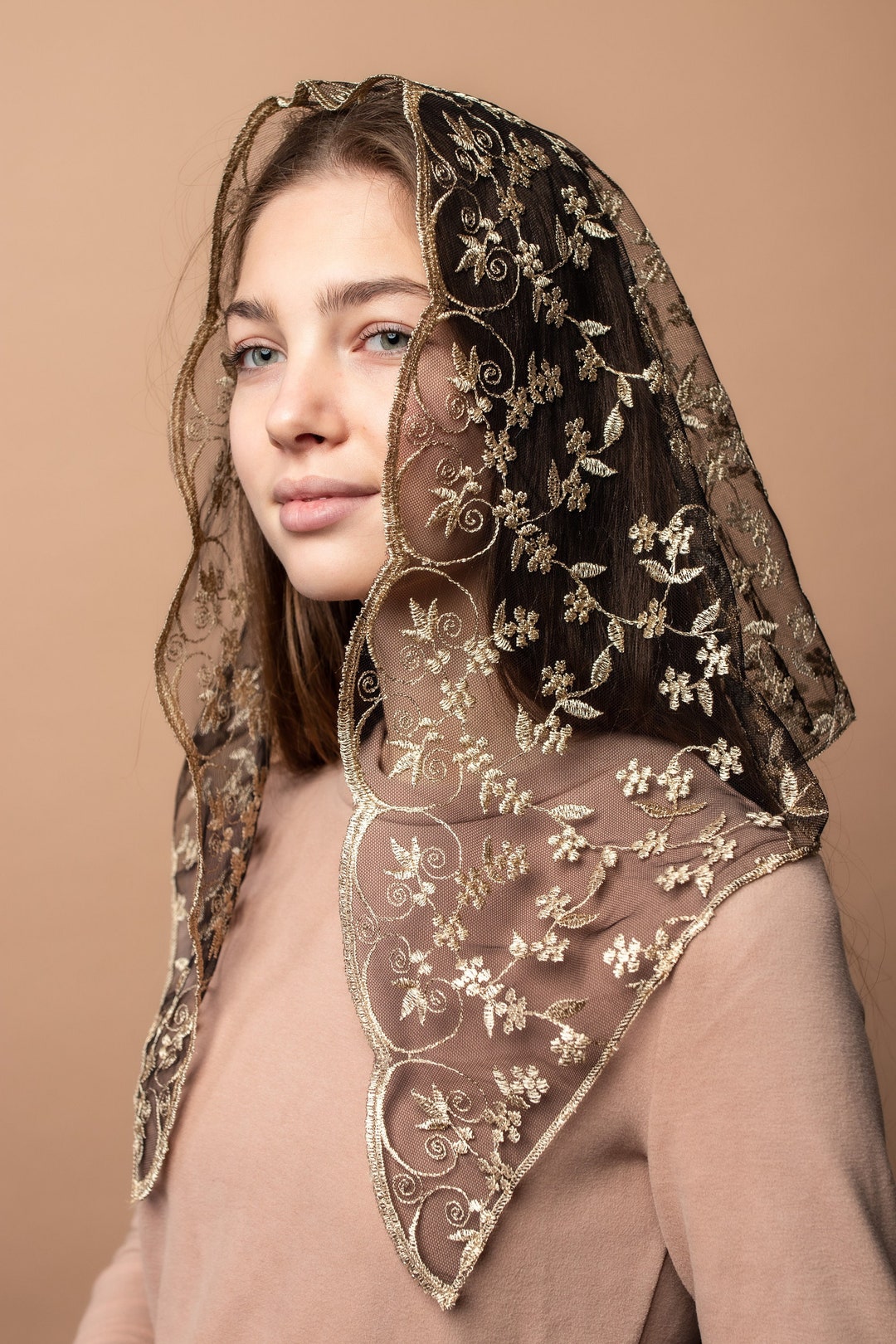 Gold Triangle Lace Veil, Lace Black Chapel Veil, Latin Mass Veil - Etsy