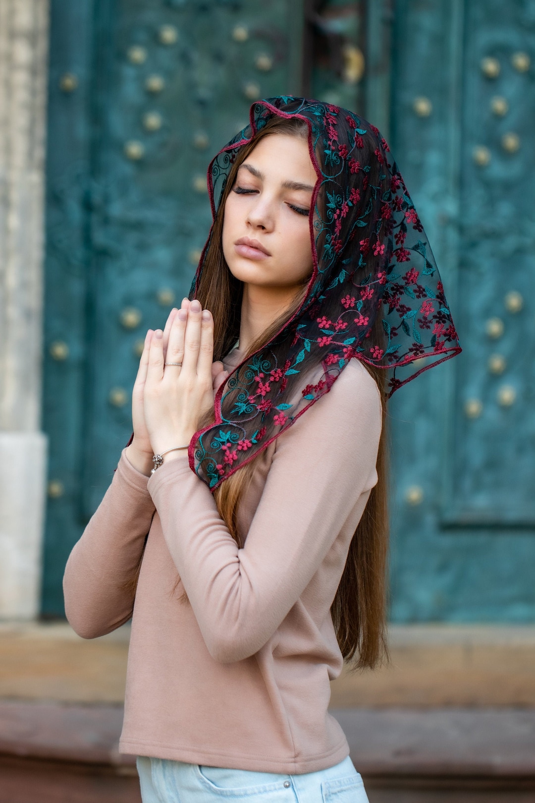NEW!! Chapel Veil With Floral Design, Church Lace Head Covering Veil ...
