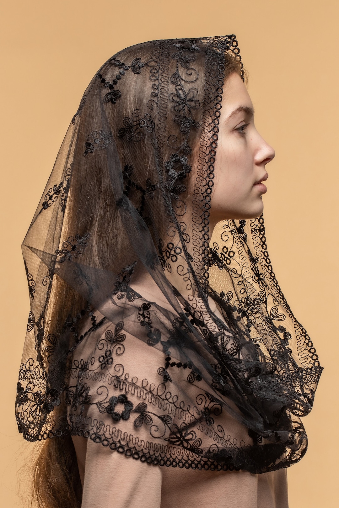 Black Catholic Lace Mantilla, Latin Mass Infinity Veil, Church Lace ...