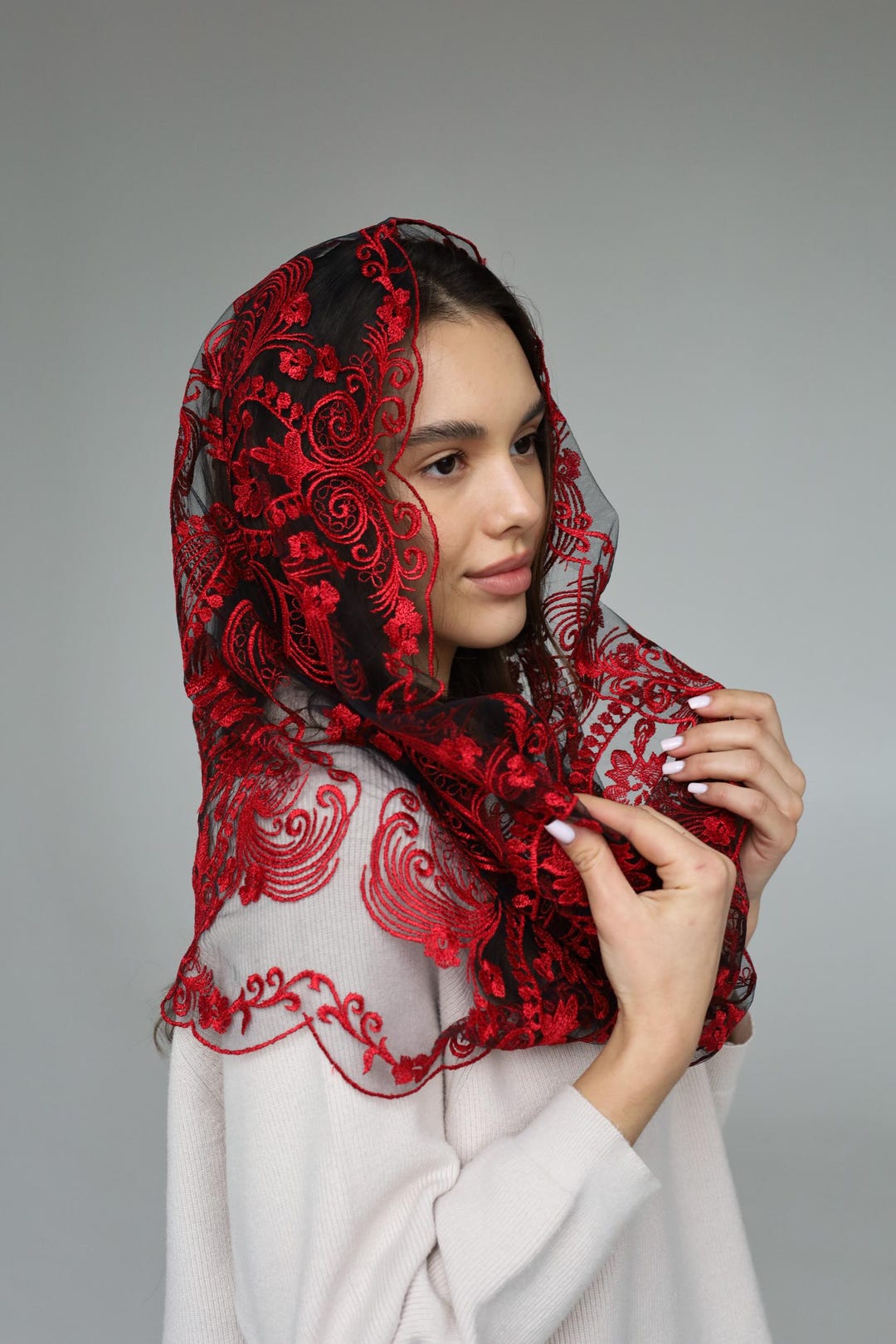 Catholic Head Covering Veil for Church, Latin Mass Mantilla, Red Lace ...