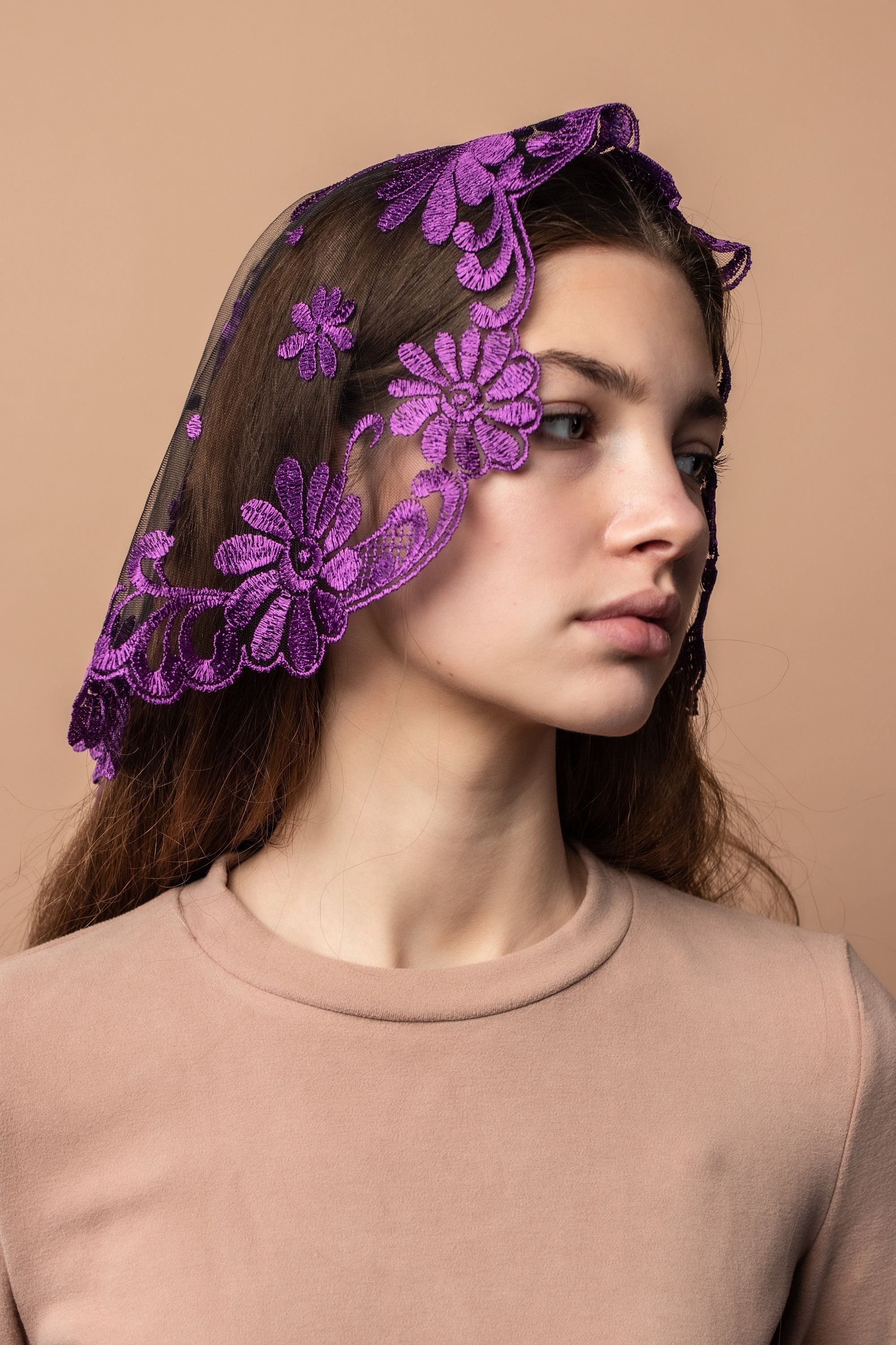 Purple Short Veil, Black Tulle, Chapel Veil, Latin Mass Veil - Etsy