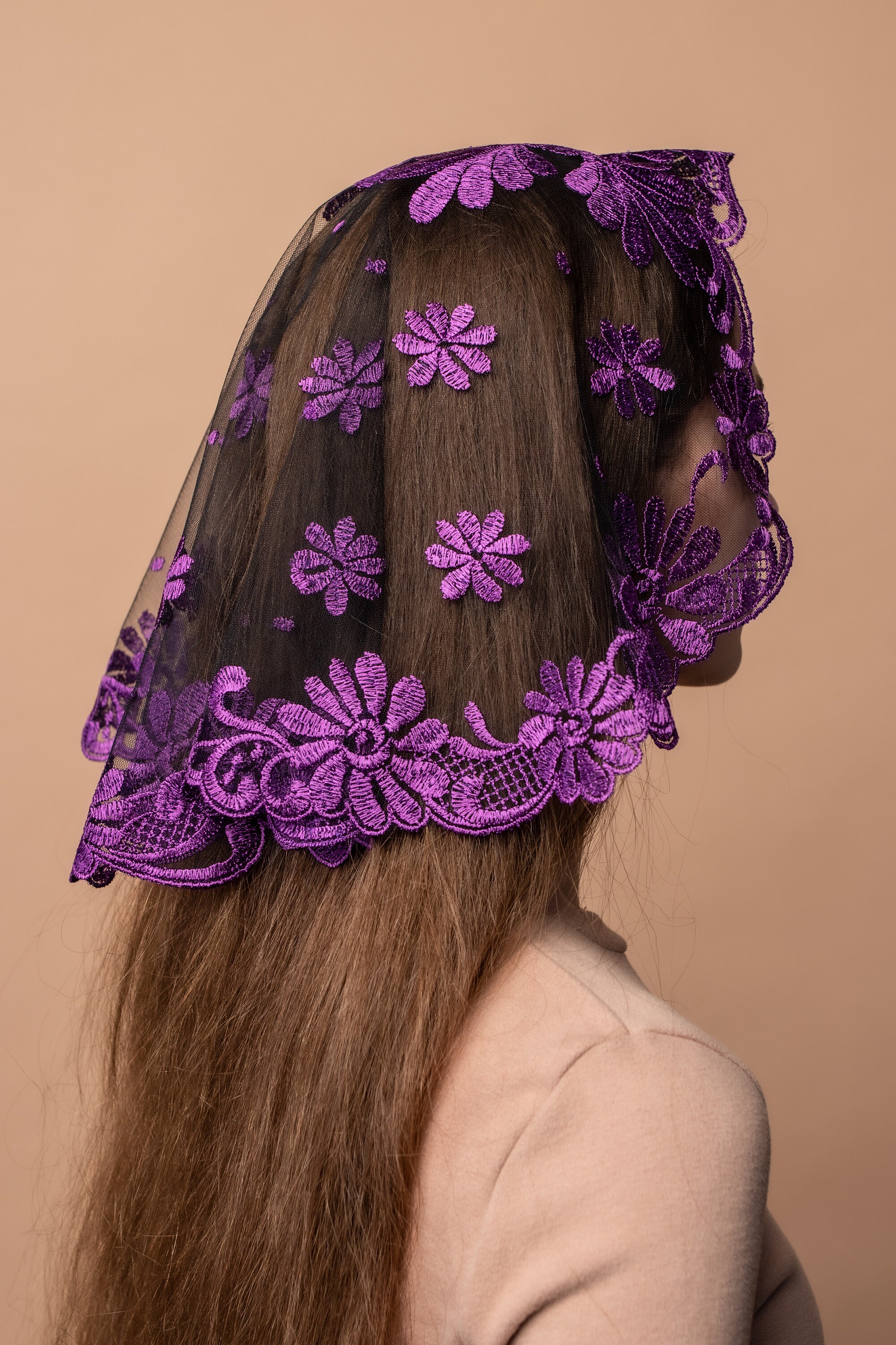 Purple Short Veil, Black Tulle, Chapel Veil, Latin Mass Veil - Etsy