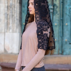 Black Classic Catholic Veil With Floral Lace, Latin Mass Long Lace Veil ...