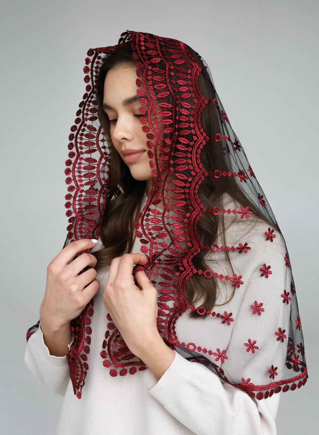 NEW!! Red Mass Veil, Burgundy Veil Mantilla, Faith Head Coverings Holy ...