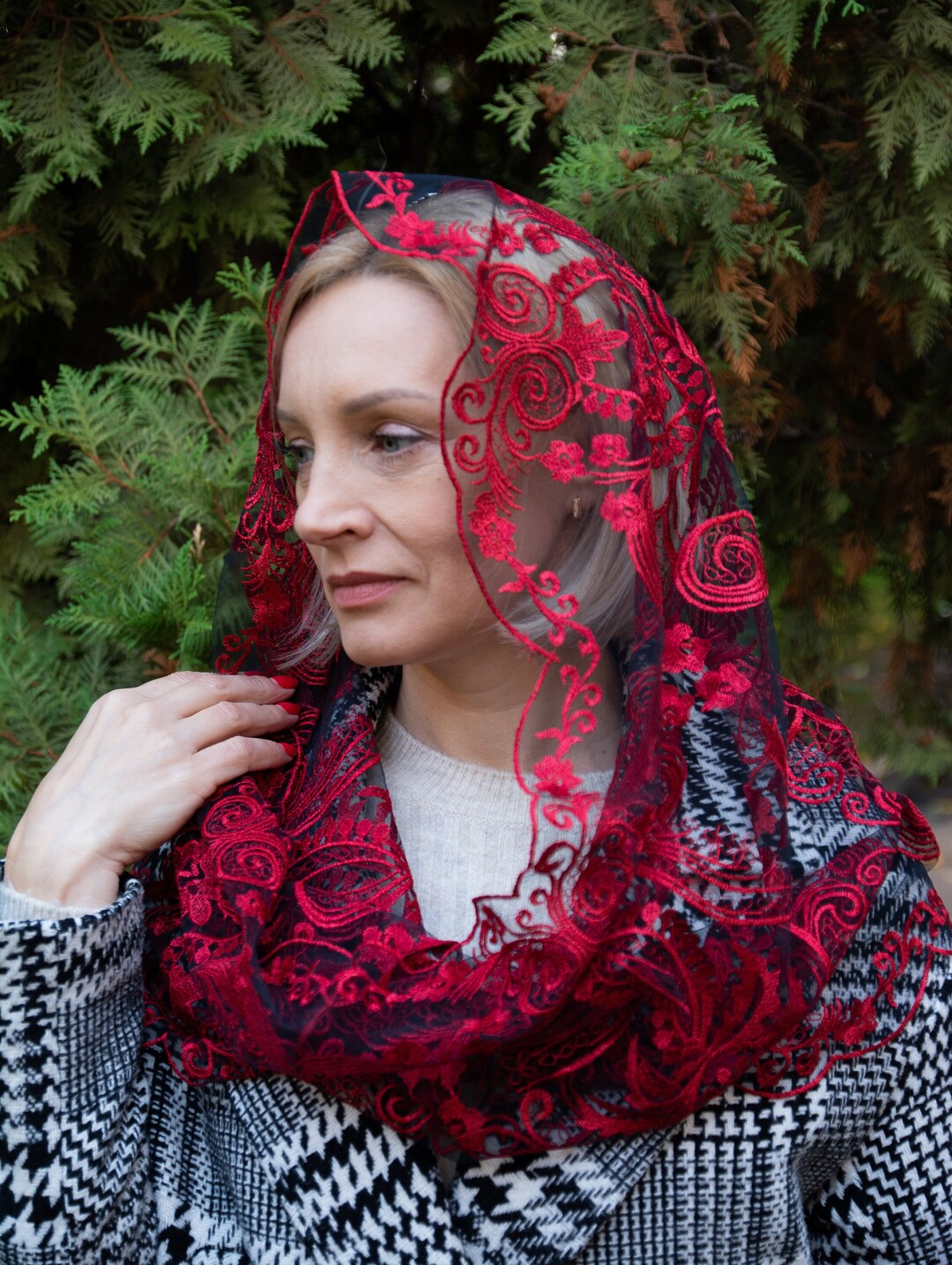 Red Lace Mantilla, Church Veil Cap, Lace Head Covering Veil, Trinity ...