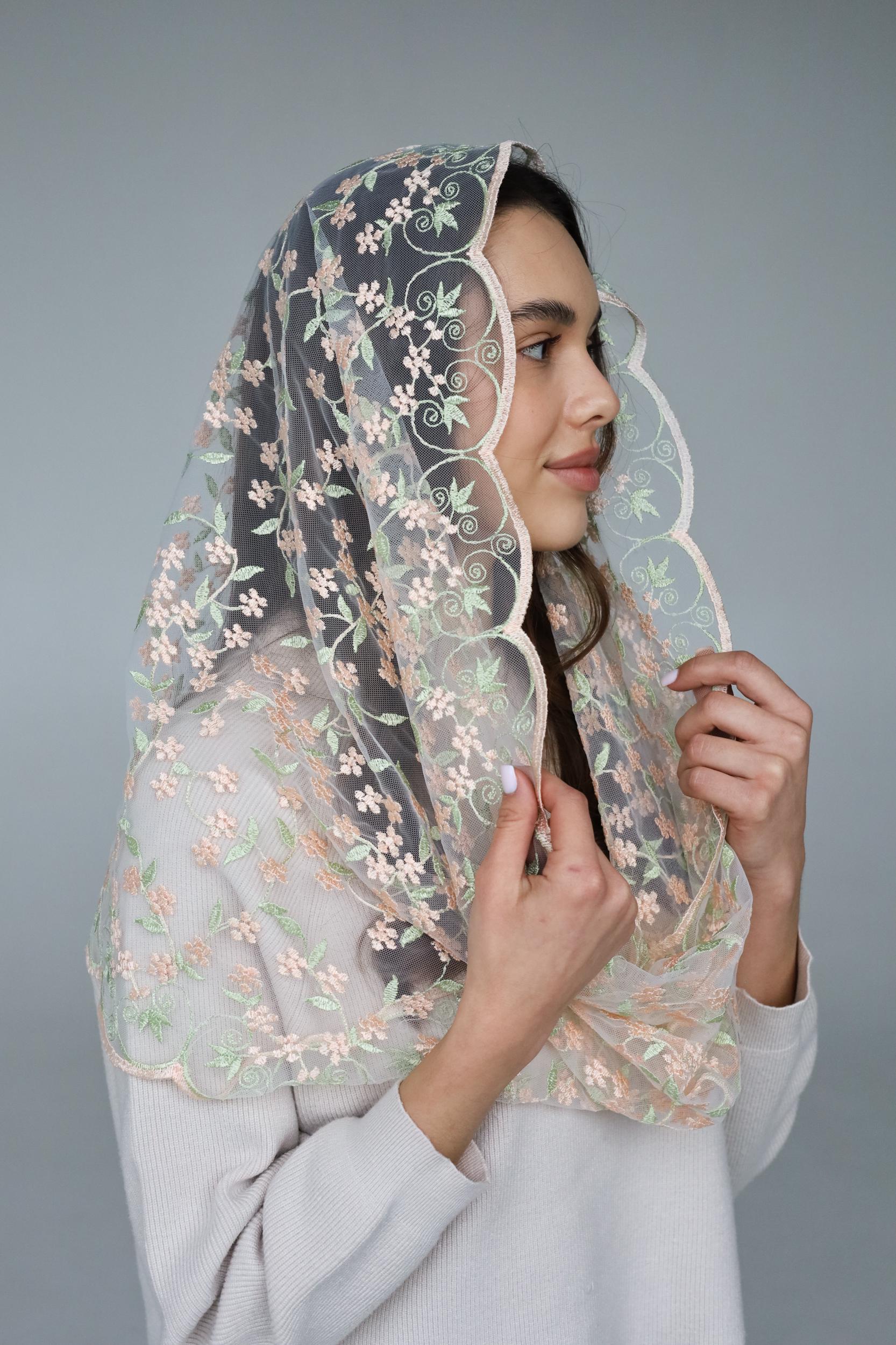 Catholic Floral Infinity Veil, Peach Infinity Chapel Veil, Infinity ...