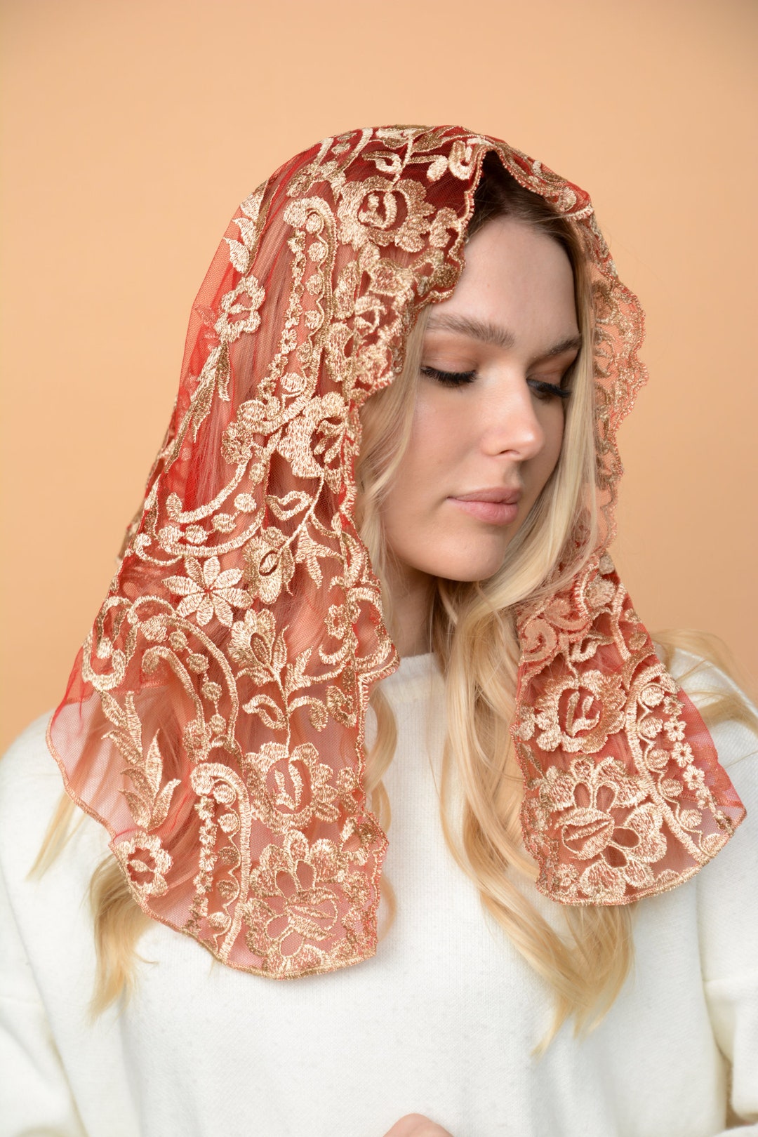 Red Veil for Church, Classic Catholic Veil Mantilla, Short Chapel Veil ...
