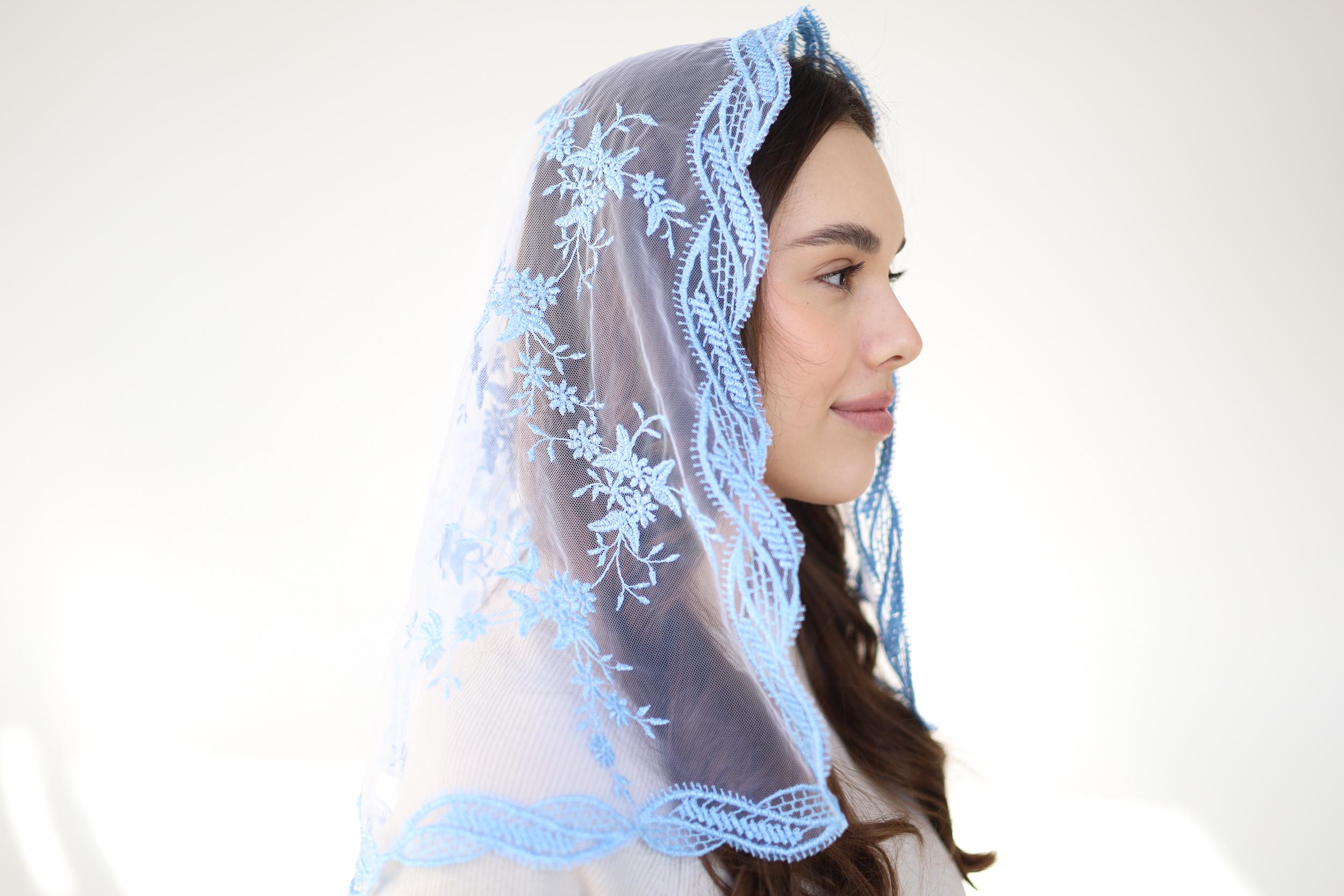 Blue Traditional Catholic D Shape Mantilla Veil, Blue Lace Scarf, Black ...