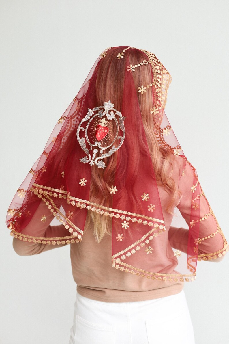 Pink Sacred Heart Veil, Catholic Mantilla Veil, Embroidered Chapel Veil ...