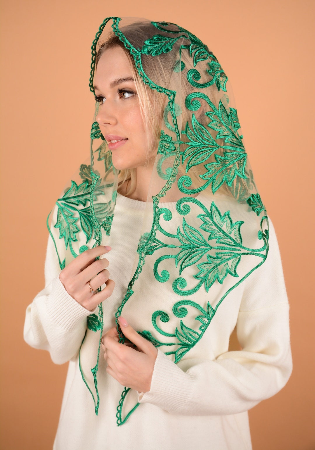 Green Triangle Chapel Veil, Church Lace Green Veil, Catholic Lace ...