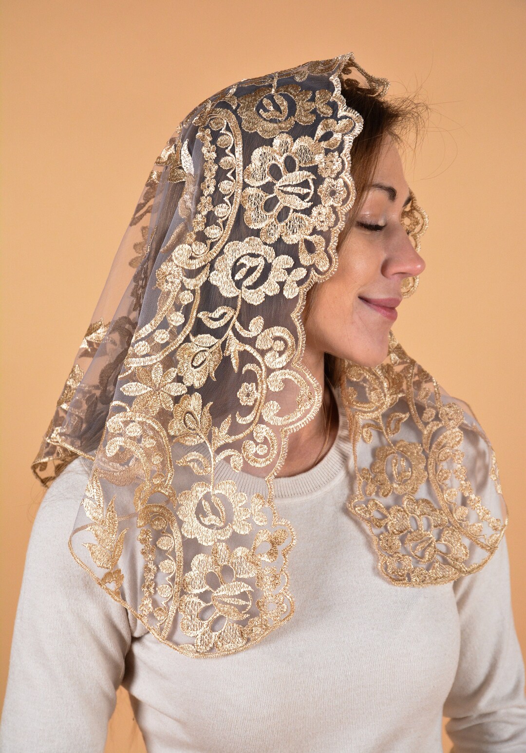 Gold Chapel Veil, Classic Catholic Veil Mantilla, Short Veil for Church ...