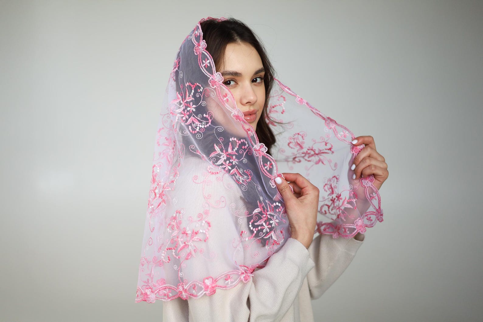 Limited Pink Gradient Veil, Long Mantilla, Pink Catholic Veil, Chapel ...