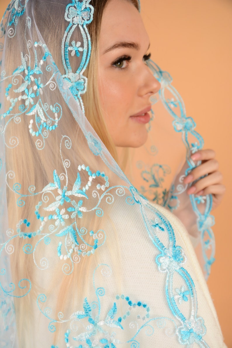 Light Blue Gradient Limited Veil Long Mantilla Blue Catholic - Etsy
