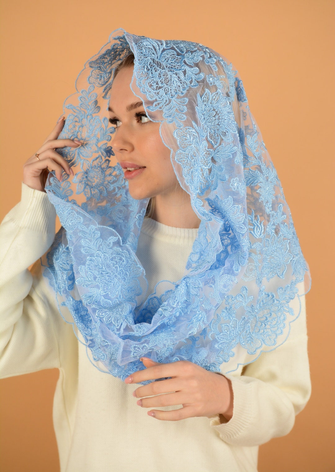 Infinity Blue Chapel Veil, Catholic Lace Mantilla, Catholic Head ...