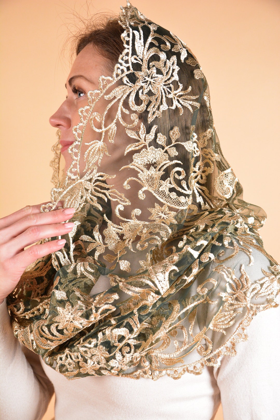 NEW!! Infinity Gold Chapel Veil, Catholic Lace Mantilla, Catholic Head ...