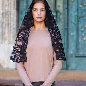 Black Classic Catholic Veil With Floral Lace, Latin Mass Long Lace Veil ...