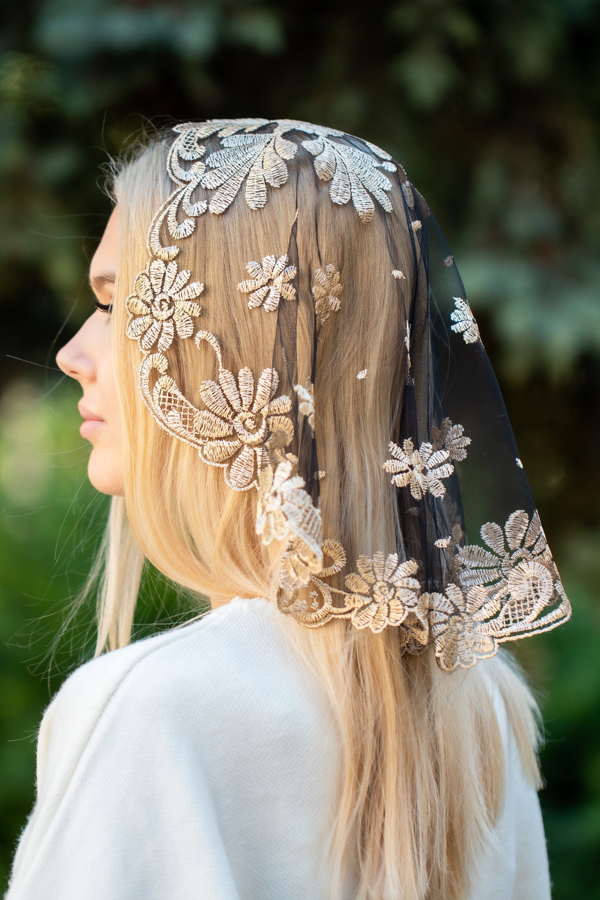 Gold Short Veil , Catholic Head Covering Veil for Church, Catholic Lace ...