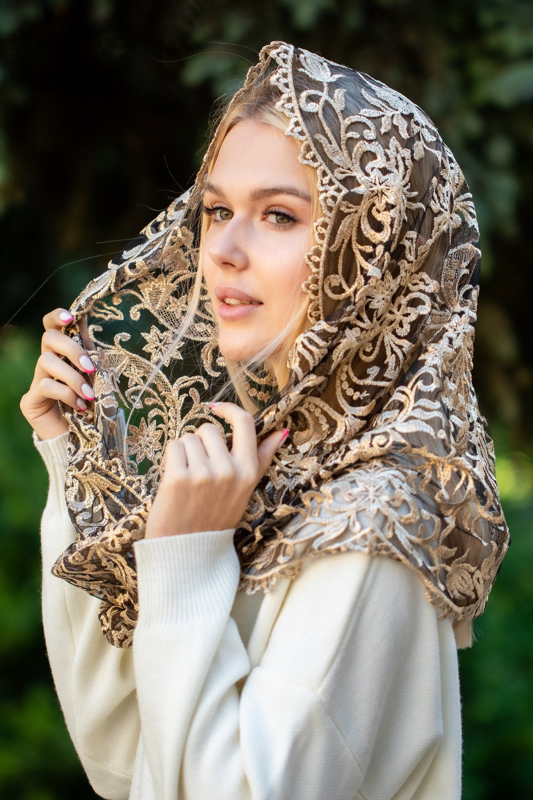 NEW!! Infinity Gold Chapel Veil, Catholic Lace Mantilla, Catholic Head ...