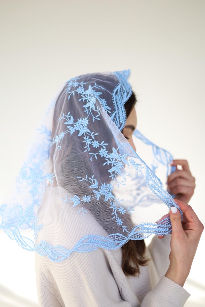 Blue Traditional Catholic D Shape Mantilla Veil, Blue Lace Scarf, Black ...