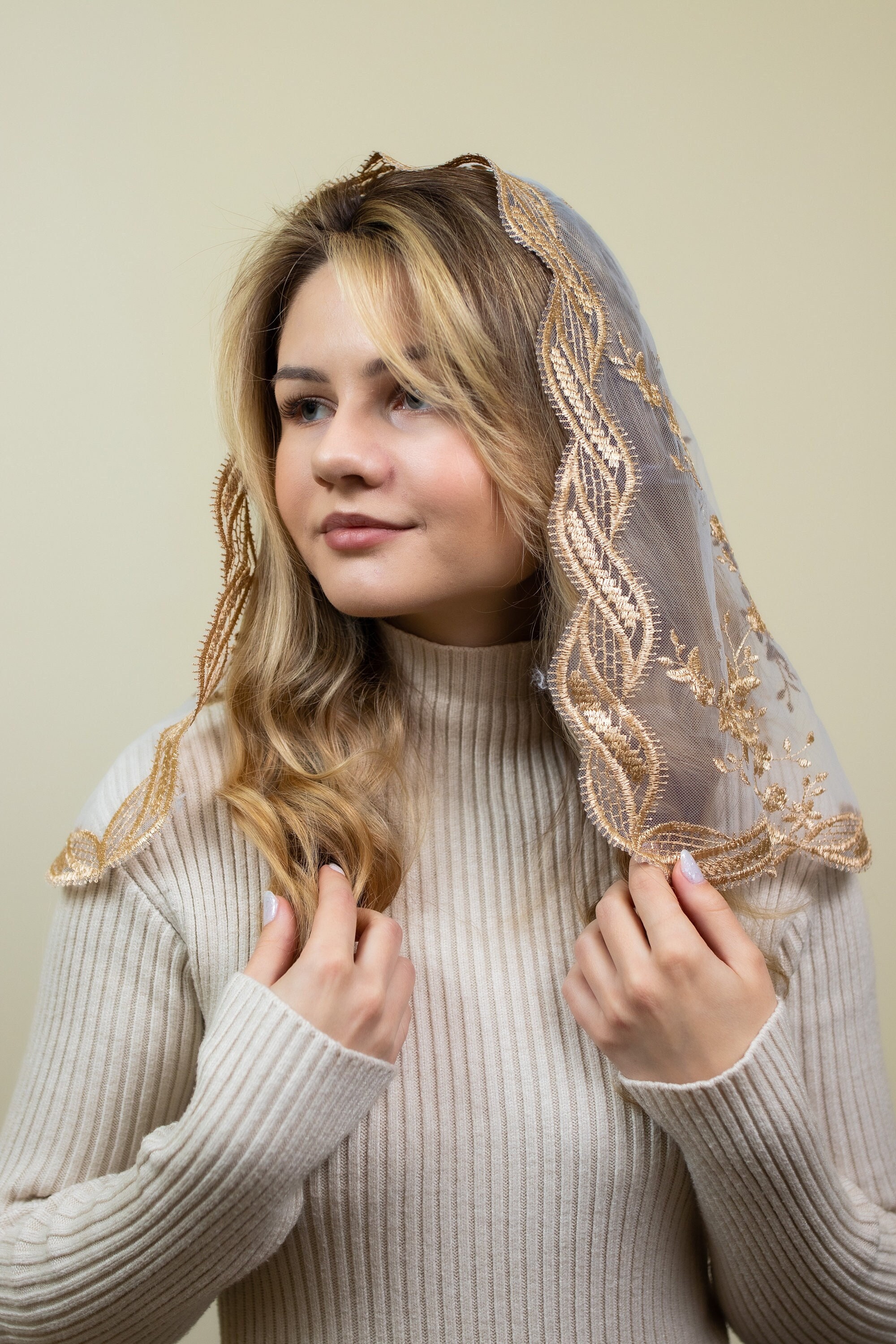 Gold Traditional Catholic Veil, Ivory Lace Scarf, Church Veil - Etsy