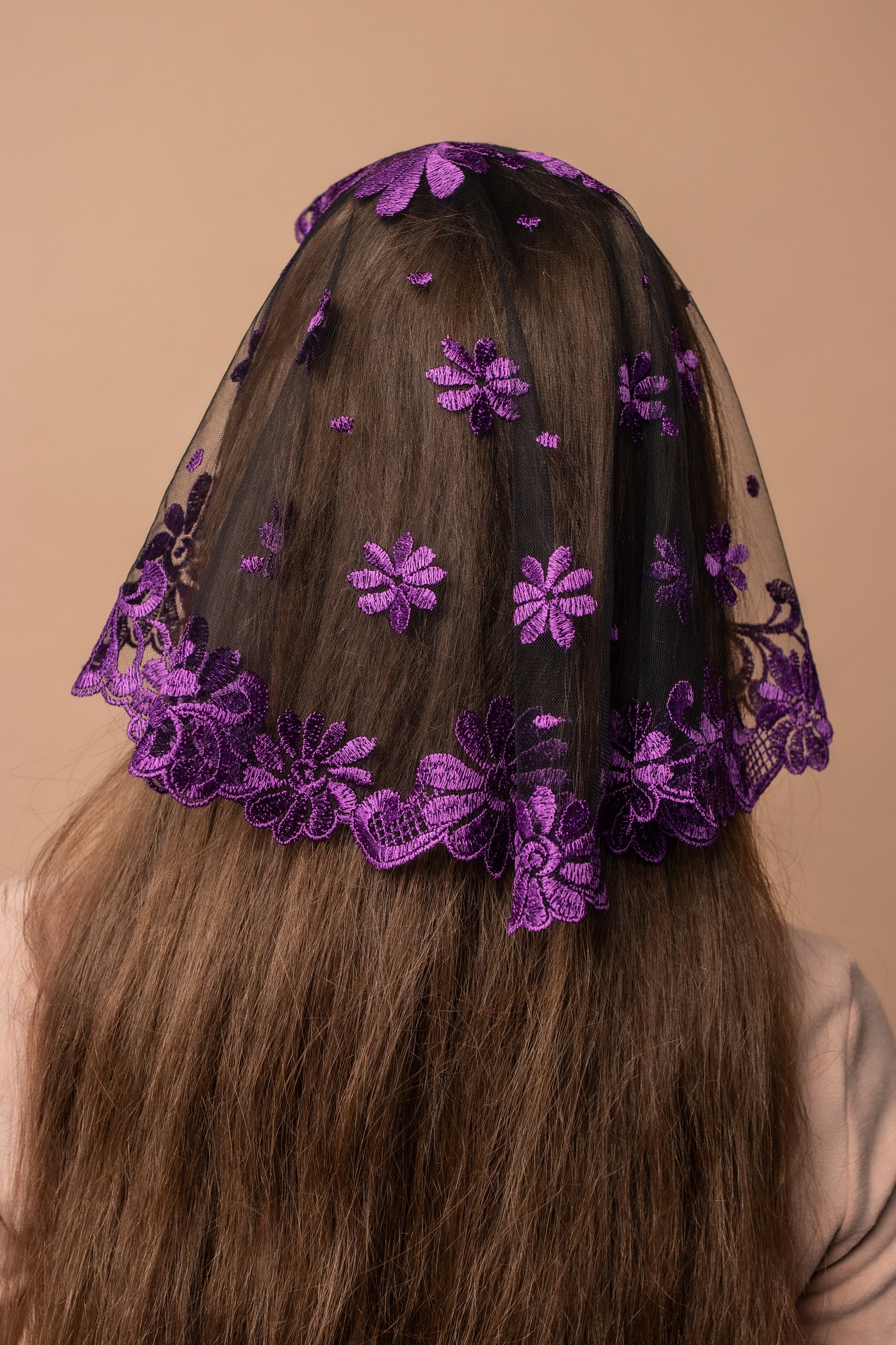 Purple Short Veil, Black Tulle, Chapel Veil, Latin Mass Veil - Etsy