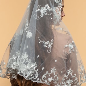 Lace Chapel Veil With Floral Design, Classic Lace Chapel Veil, Catholic ...