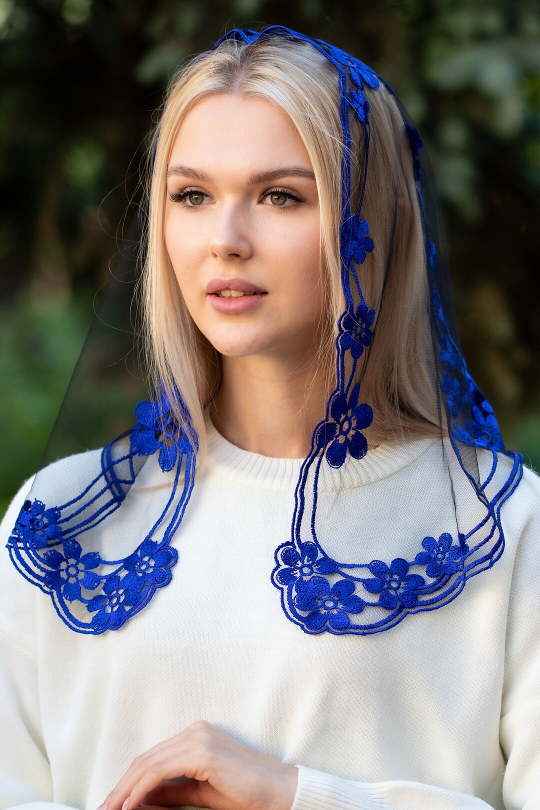 Blue Chapel Veil With Floral Embroidery, Blue Church Veil, Catholic ...