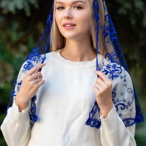 Blue Chapel Veil, Long Church Veil, Catholic Mantilla, Blue Chapel Veil ...