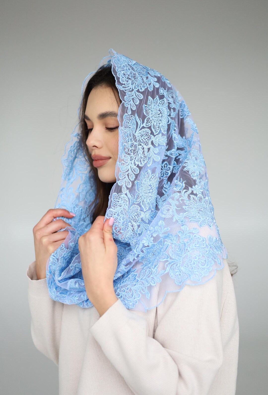 Infinity Blue Chapel Veil, Catholic Lace Mantilla, Catholic Head ...