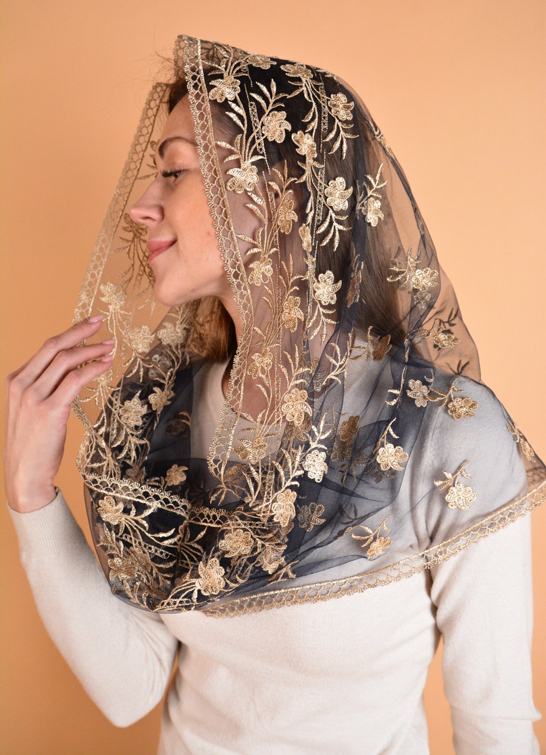 Infinity Gold Veil, Latin Mass Veil, Infinity Mantilla With Flowers - Etsy
