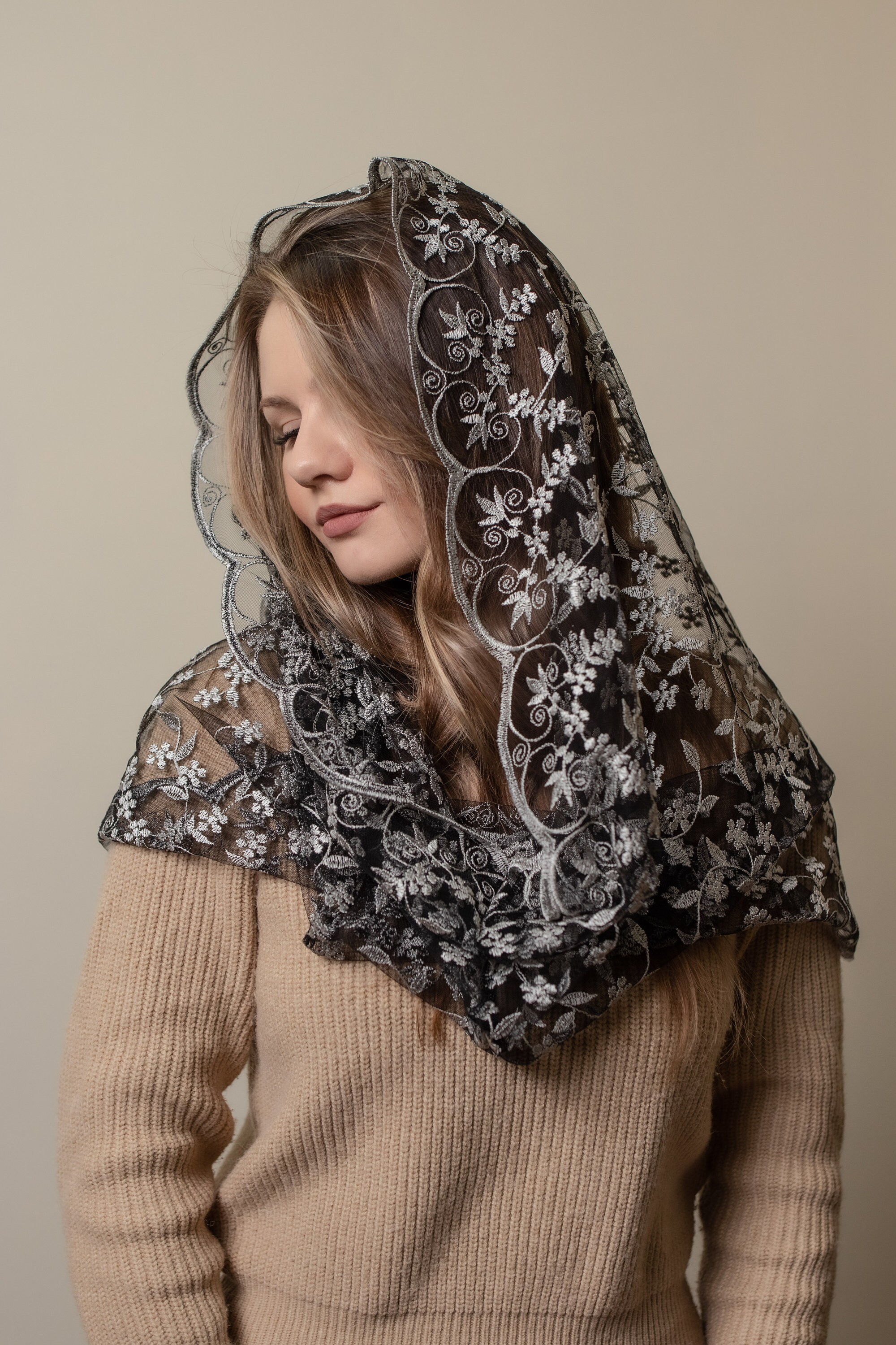 Classic infinity veil Latin mass grey veil Infinity Catholic | Etsy