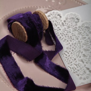 Deep purple velvet ribbon Frayed edge ribbon Velvet silk | Etsy