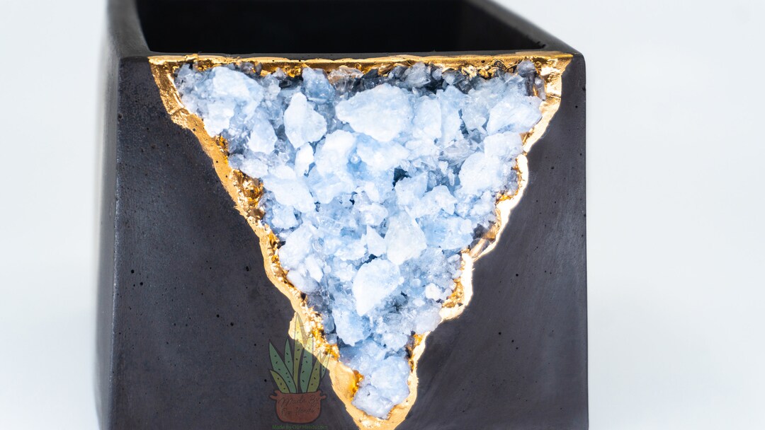 GEODE CUBE: Dark Gray With Blue Calcite | Concrete Planter | Reiki ...