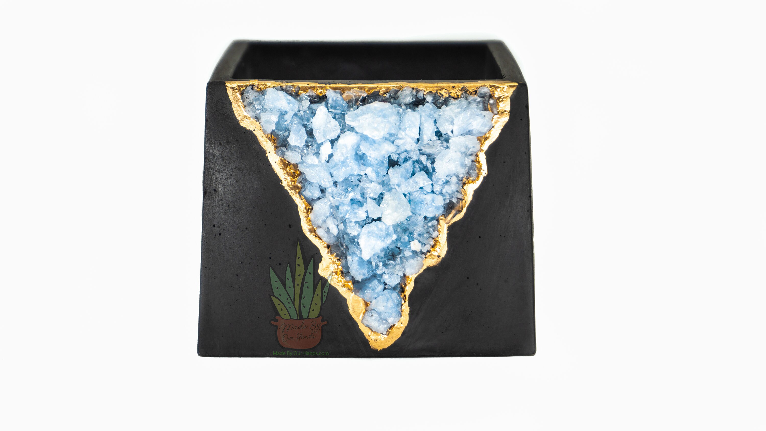 GEODE CUBE: Dark Gray With Blue Calcite | Concrete Planter | Reiki ...