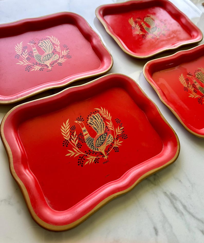 Mid Century Red Serving Trays Signed Set of 4 Phoenix Peacock Motif - Etsy