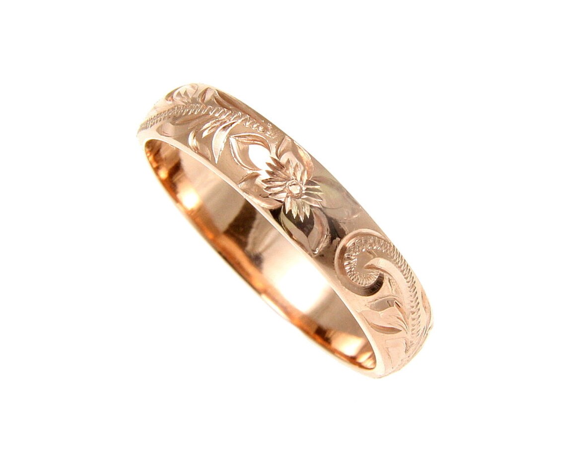 14k Solid White Yellow Rose Gold Custom Hand Engraved Hawaiian Plumeria ...