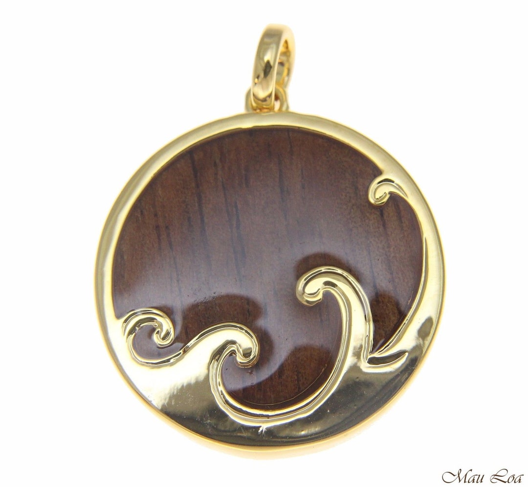Koa Wood Hawaiian Scroll Ocean Surf Wave Yellow Gold Brass Reversible ...