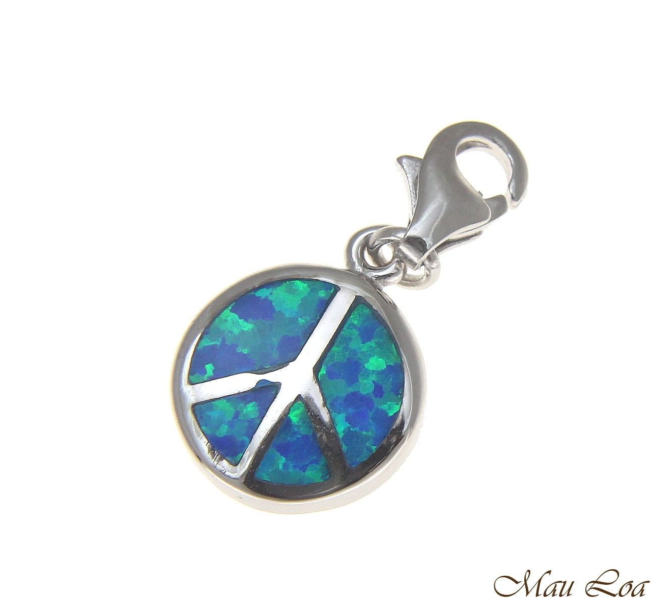925 Sterling Silver Rhodium Peace Sign Blue Opal Clasp Enhancer Pendant ...