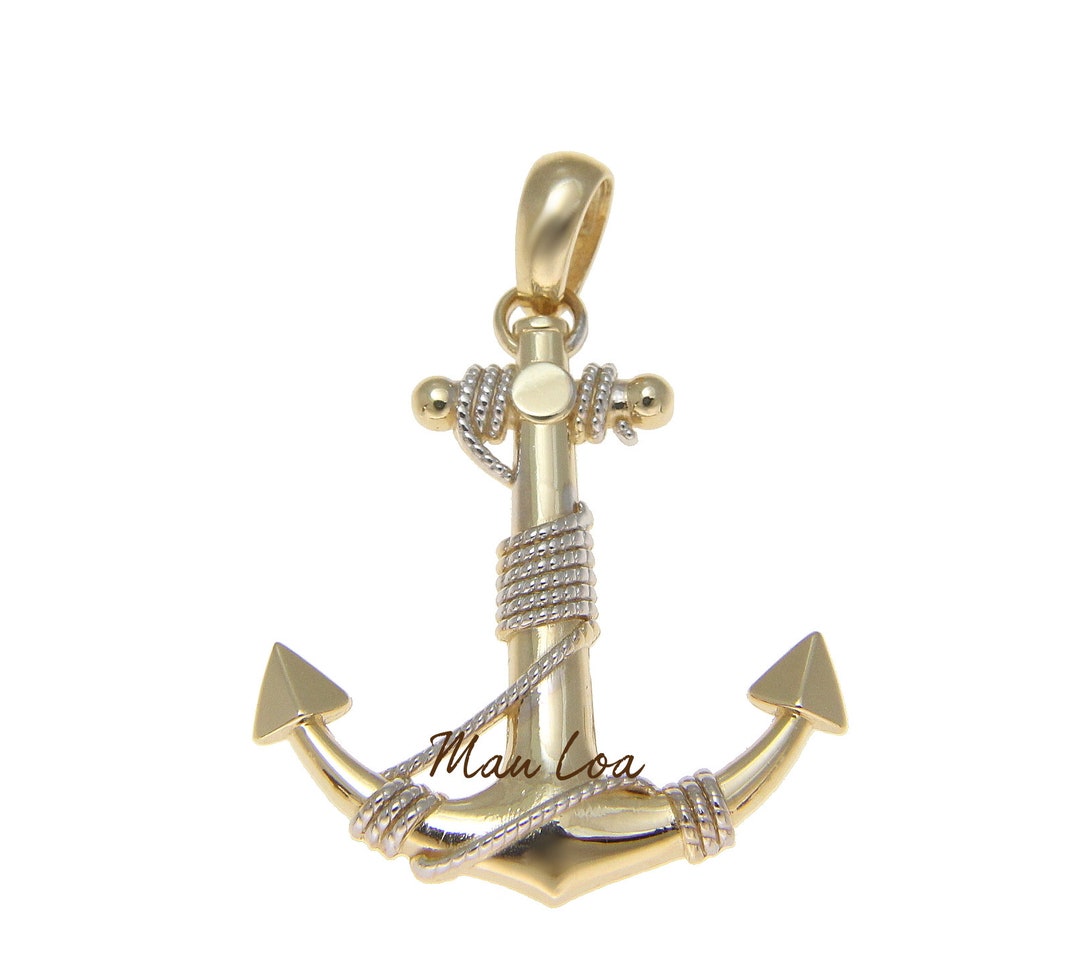14K Solid Yellow Gold High Polish Anchor White Gold Rope Charm Pendent ...