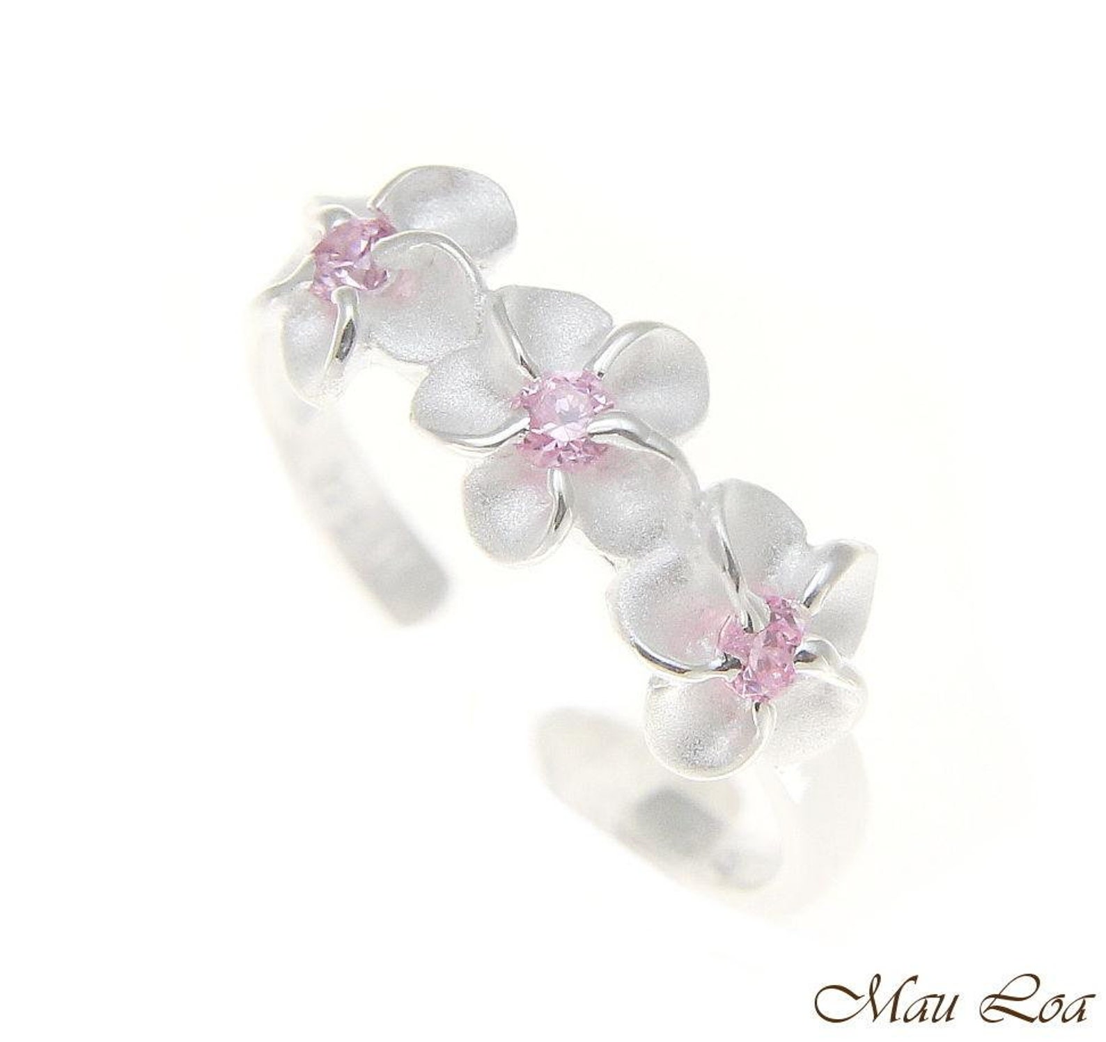 925 Sterling Silver Hawaiian Triple Plumeria Flower Pink CZ Open Toe ...