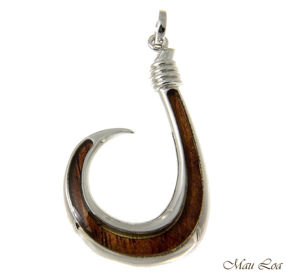 Koa Wood Hawaiian Wave Fish Hook Rhodium Silver Plated Brass Reversible ...