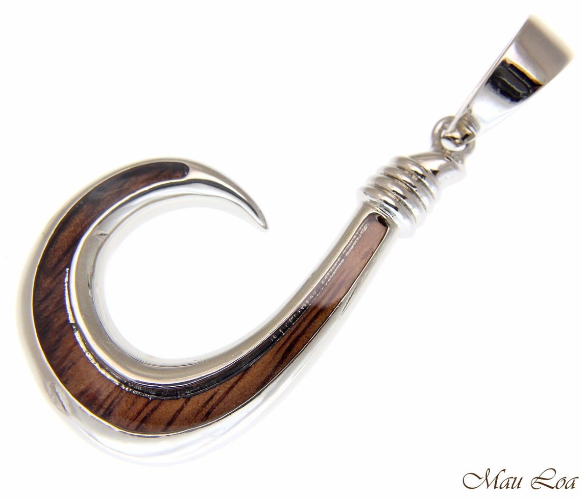 Koa Wood Hawaiian Wave Fish Hook Rhodium Silver Plated Brass Reversible ...