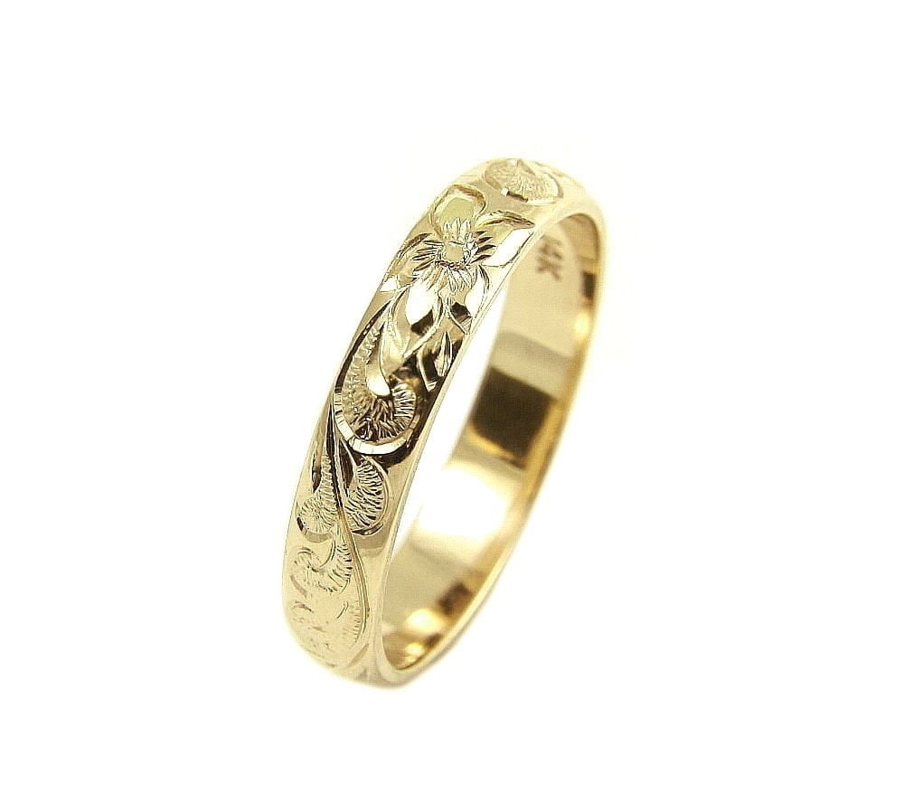 14k Solid White Yellow Rose Gold Custom Hand Engraved Hawaiian Plumeria ...