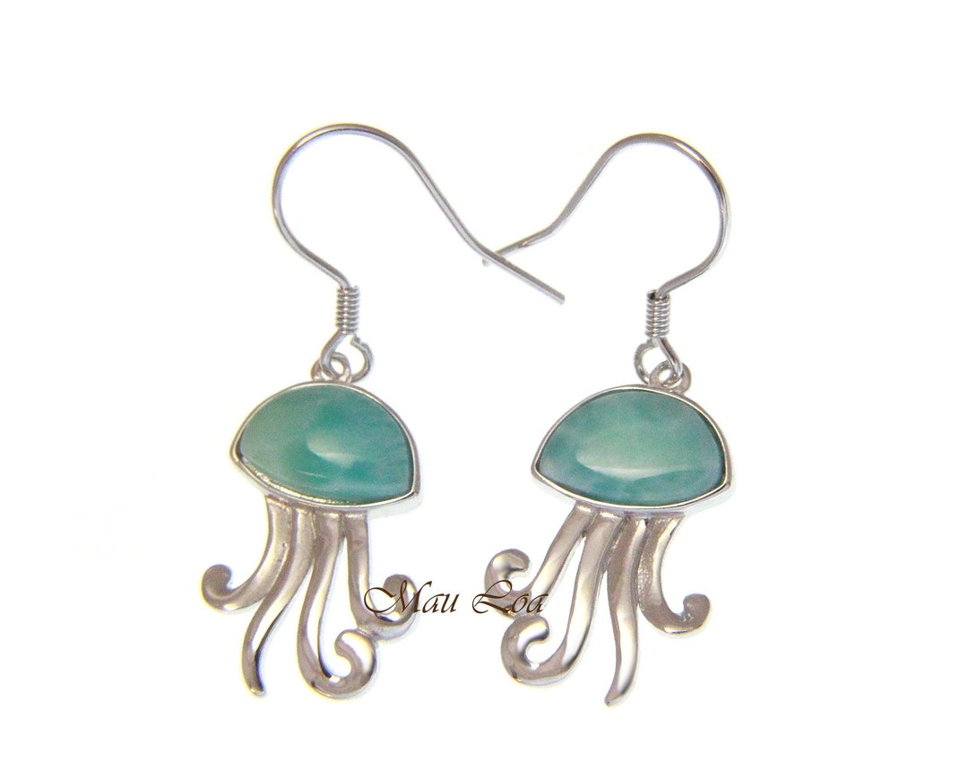 925 Sterling Silver Hawaiian Jellyfish Natural Blue Larimar Hook Dangle ...